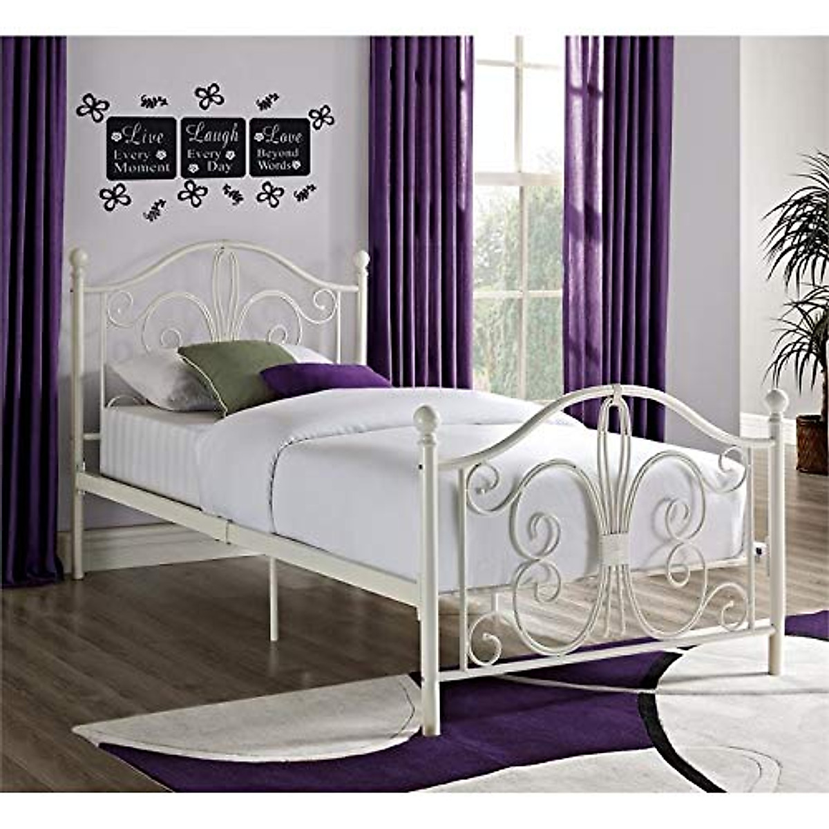 DHP Bombay Metal Platform Bed with Parisian Style Headboard and Footboard, Adjustable Base Height for Underbed Storage, No Box Spring Needed, Twin, White