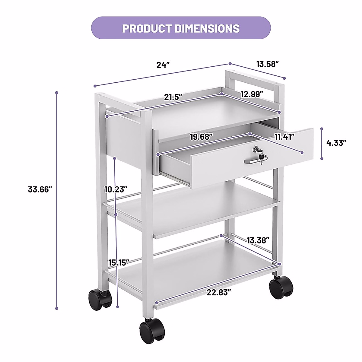 biosp Salon Trolley Cart, 3 Tier Trolley On Wheels, Wooden Medical Dental Esthetic Mobile Untility Cabinet with Steel Frame, White Rolling Storage Station with 1 Lockable Drawer for Spa, Massage