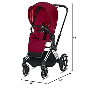 Cybex e-Priam Complete Stroller, Smart Assist Technology, Rocking Mode, One-Hand Compact Fold, Reversible Seat, Smooth Ride All-Wheel Suspension, True Red Seat with Chrome/Black Frame