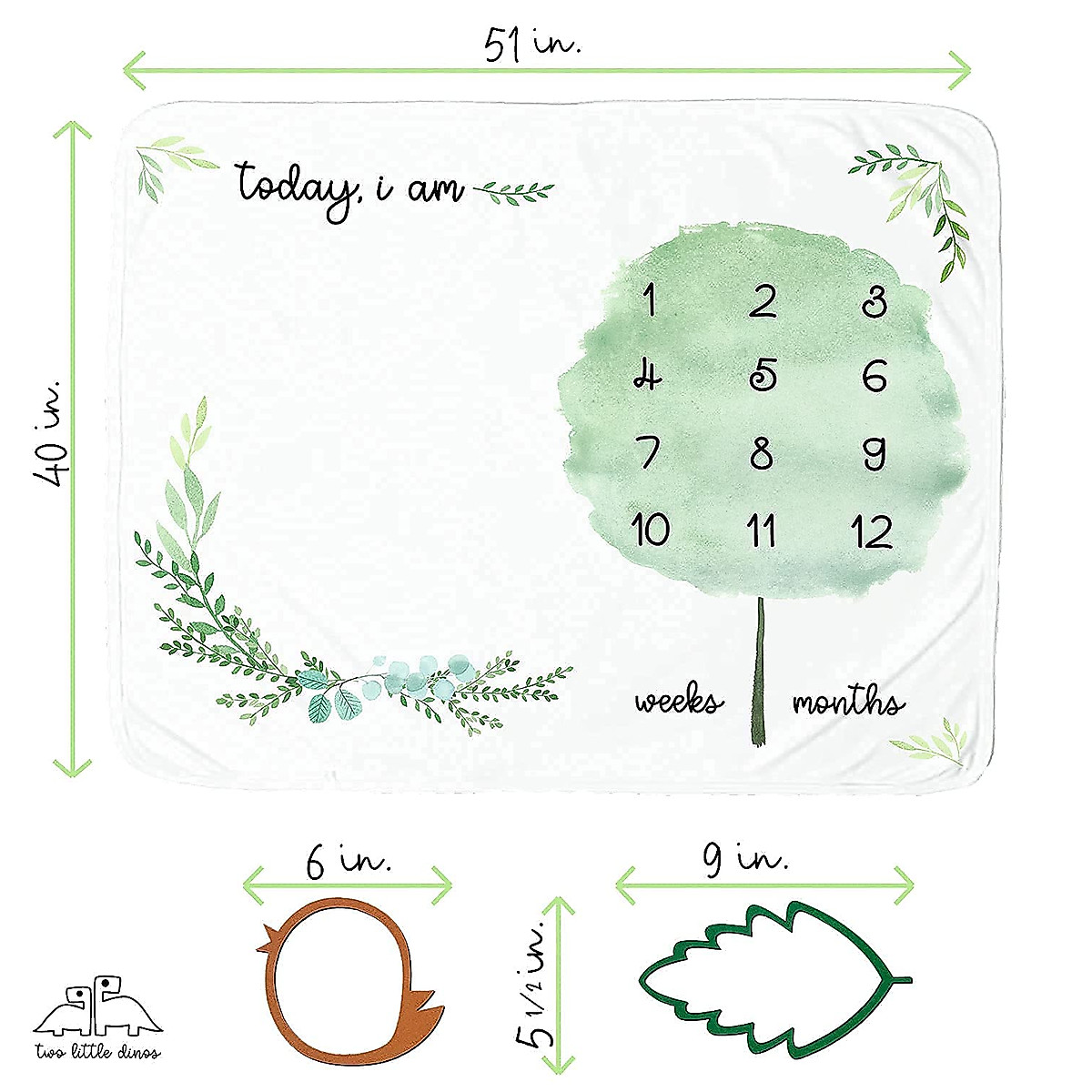 two little dinos Baby Monthly Milestone Blanket for Boy or Girl - Unisex Gender Neutral Age Blanket Growth Chart by Weeks or Months with Markers - Newborn Milestone Photography - First Year 0 to 12