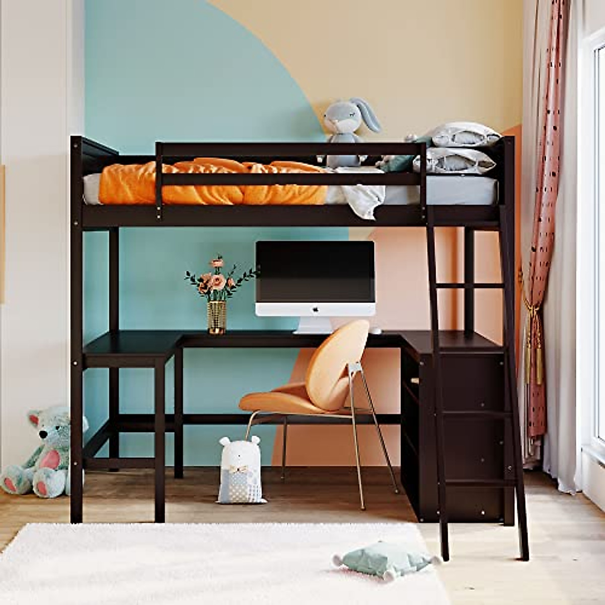 BOVZA Full Size Loft Bed with Desk and Shelves, Wooden Full Loft Bed Frame with Safety Guardrails for Kids Teens Adults, Espresso