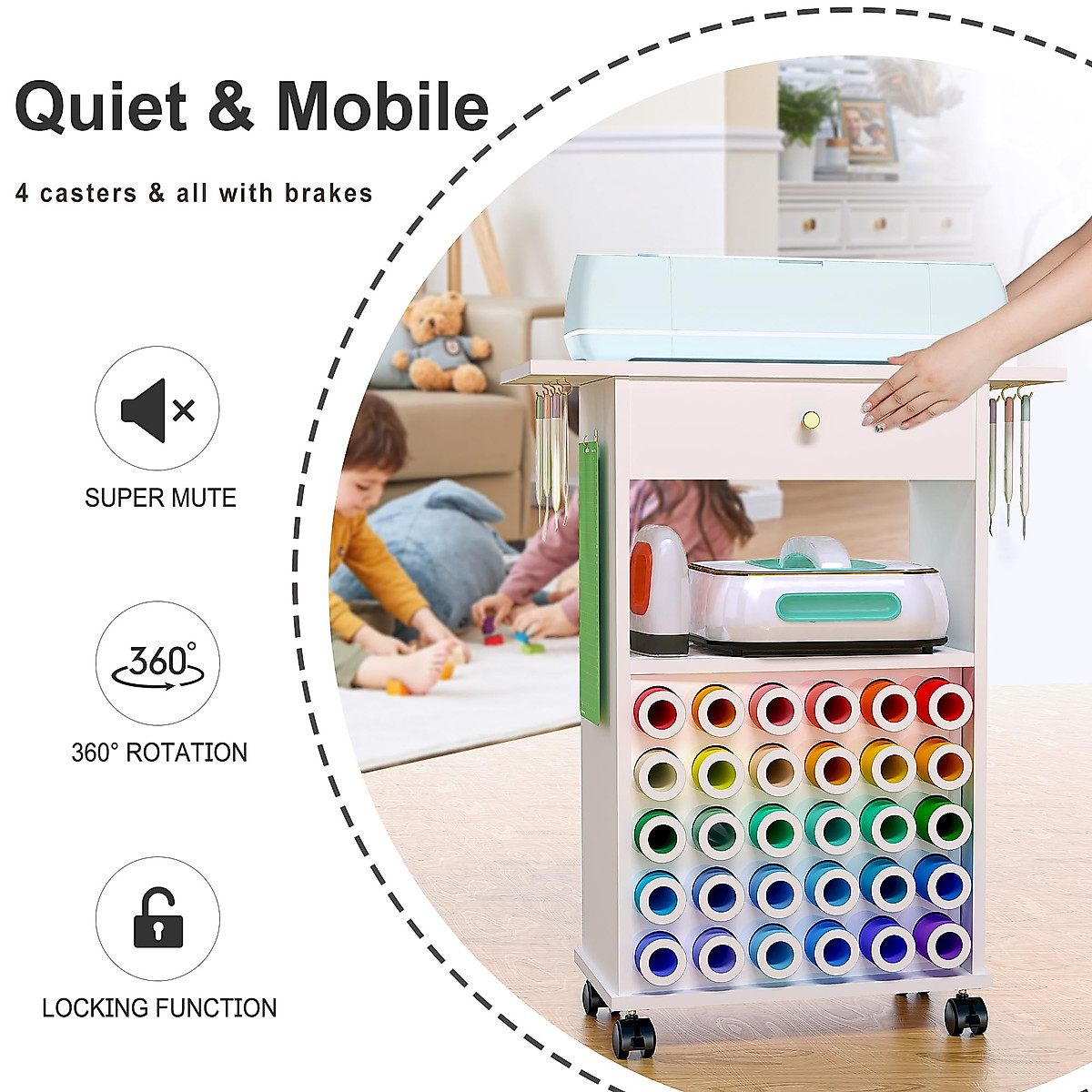 Craft Organization and Storage Rolling Cart Compatible with All Cricut Machines, Craft Table with 30 Vinyl Roll Holders,Craft Cart with Storage for Craft Room Home