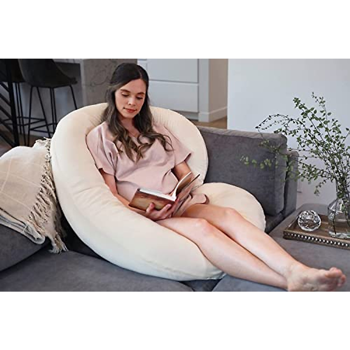 Pharmedoc Pregnancy Pillows, C-Shape Full Body Pillow – Organic Cotton Cover Beige – Pregnancy Pillows for Sleeping – Body Pillows for Adults, Maternity Pillow and Pregnancy Must Haves, New Mom Gifts