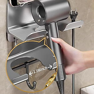 fvpxuus Universal Hair Dryer Holder, Blow Dryer Hanger Wall Mount for Hair Dryer Hook with Plug&Cord Organizer Self Adhesive for Cabinet Bathroom(1 Pack grey)