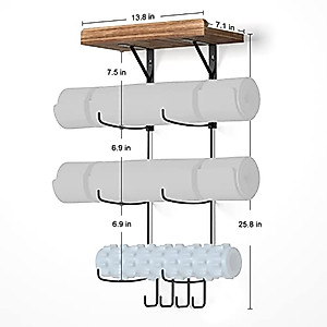 VINAEMO Yoga Mat Holder Accessories Wall Mount Organizer Storage Decor Foam Roller and Towel Storage Rack with 4 Hooks and Wooden Shelves Yoga Mats Rack Block Resistance Bands for Home Gym School