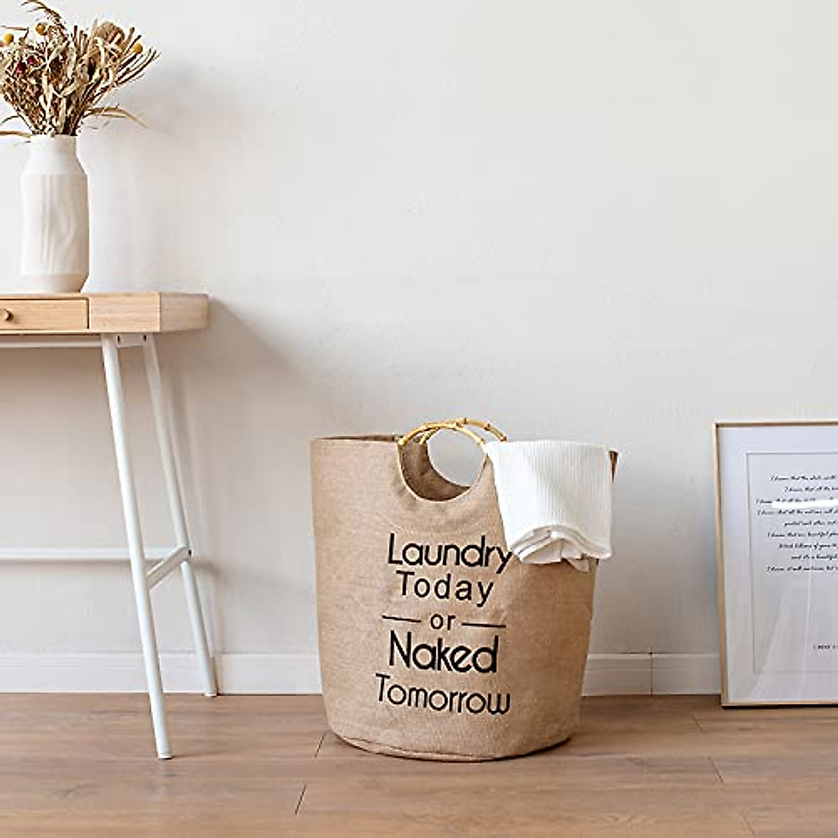 Laundry Basket Organizer Collapsible Waterproof Burlap Foldable Laundry Sorter Hamper Bin Basket for Clothes With Bamboo Handles (Brown, 19.3"(H) x 15.0" (D))