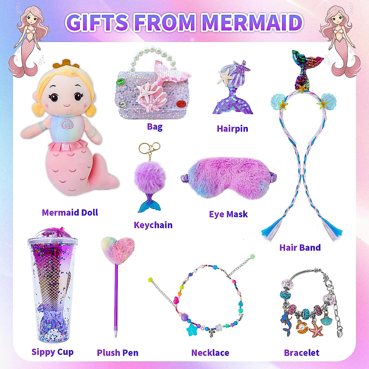 BEIMENWAI Mermaid Toys & Gift Set for Girls Ages 4-10+ - Includes Mermaid Stuffed Doll, Water Bottle, Bag, Jewelry Set, & Plush Toys
