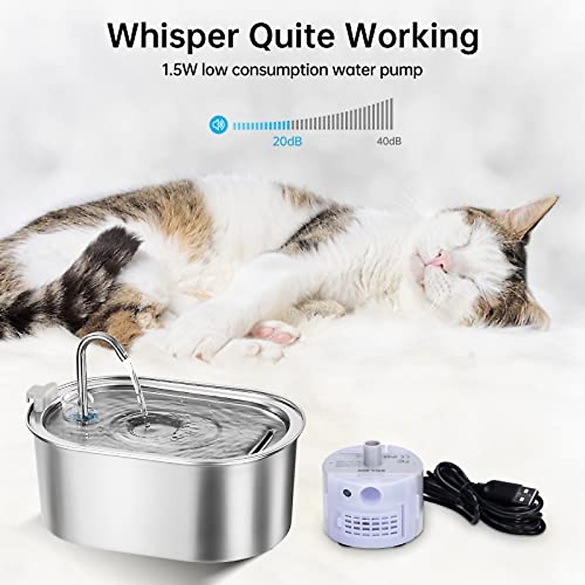 Cat Water Fountain, 3.2L/108oz Stainless Steel Pet Fountain Automatic Pet Water Fountain Water Dispenser Cat Water Bowl Cat Drinking Fountains with Ultra-Quiet Pump for Cats, Multiple Pets