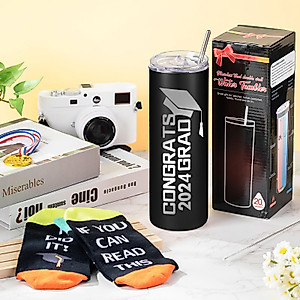 Gerrii Graduation Gifts Set, Congrats 2024 Grad Insulated Stainless Steel 20 oz Tumbler Travel Tumbler Water Mug with Lid Straw Brush and Novelty Saying Socks for College High School Student (Black)