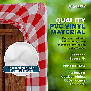 Sorfey Vinyl Umbrella Picnic Table and Bench Fitted Tablecloth Cover, Checkered Design, Flannel Backed Lining, 30x72 Inch, 3-Piece Set, Blue