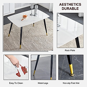 Ginxesh 5 Piece Dining Table Set,Faux Marble Dining Table Set for 4,White Imitation Marble Pattern Dinner Table and White PU Leather Upholstered Kitchen Chairs for Living Room