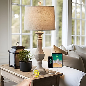 PoKat 27.75" Farmhouse 3 Way Dimmable Touch Table Lamp Sets of 2 Rustic Classic Bedside Nightstand Wood Lamps for Living Room Bedroom with 2 USB Ports Washed White (2 Bulbs Included)