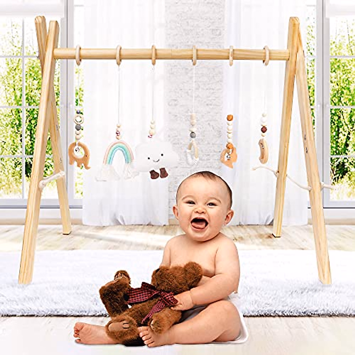 Golener Baby Play Gym Wooden Baby Gym with 6 Infant Activity Toys,Foldable Frame Hanging Bar,Toddler Activity Center with Pull Ring,Wood Gyms for Newborn Gift, Girl & Boy Shower Gift,Easy to Assemble