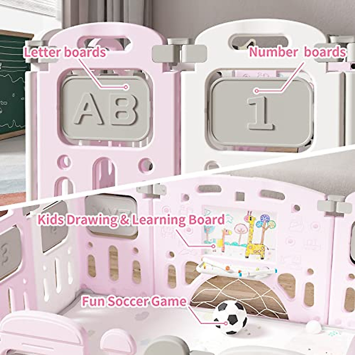 UNICOO – Baby Playpen, Foldable Kids Fence Activity Center, Safety Playard with Games Station Non-Slip Rubber Bases, Adjustable Shape (ZC-001-PW Pink + White)