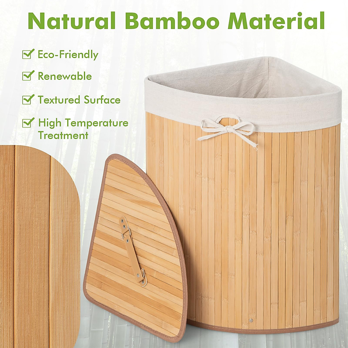 Giantex Corner Laundry Hamper with Lid, 58 L Bamboo Laundry Basket with Removable Liner & Handle, Triangle Clothes Hamper for Small Spaces, Bedroom, Bathroom, Laundry & Living Room (Natural)