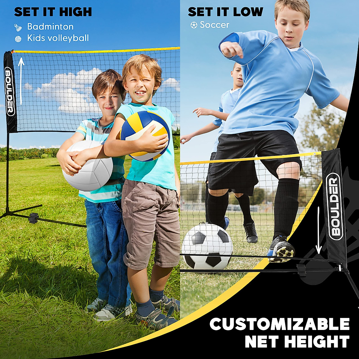 BOULDER Portable Badminton Net Set - for Tennis, Soccer Tennis, Pickleball, Kids Volleyball - Easy Setup Nylon Sports Net with Poles (Black/Yellow, 10 FT)