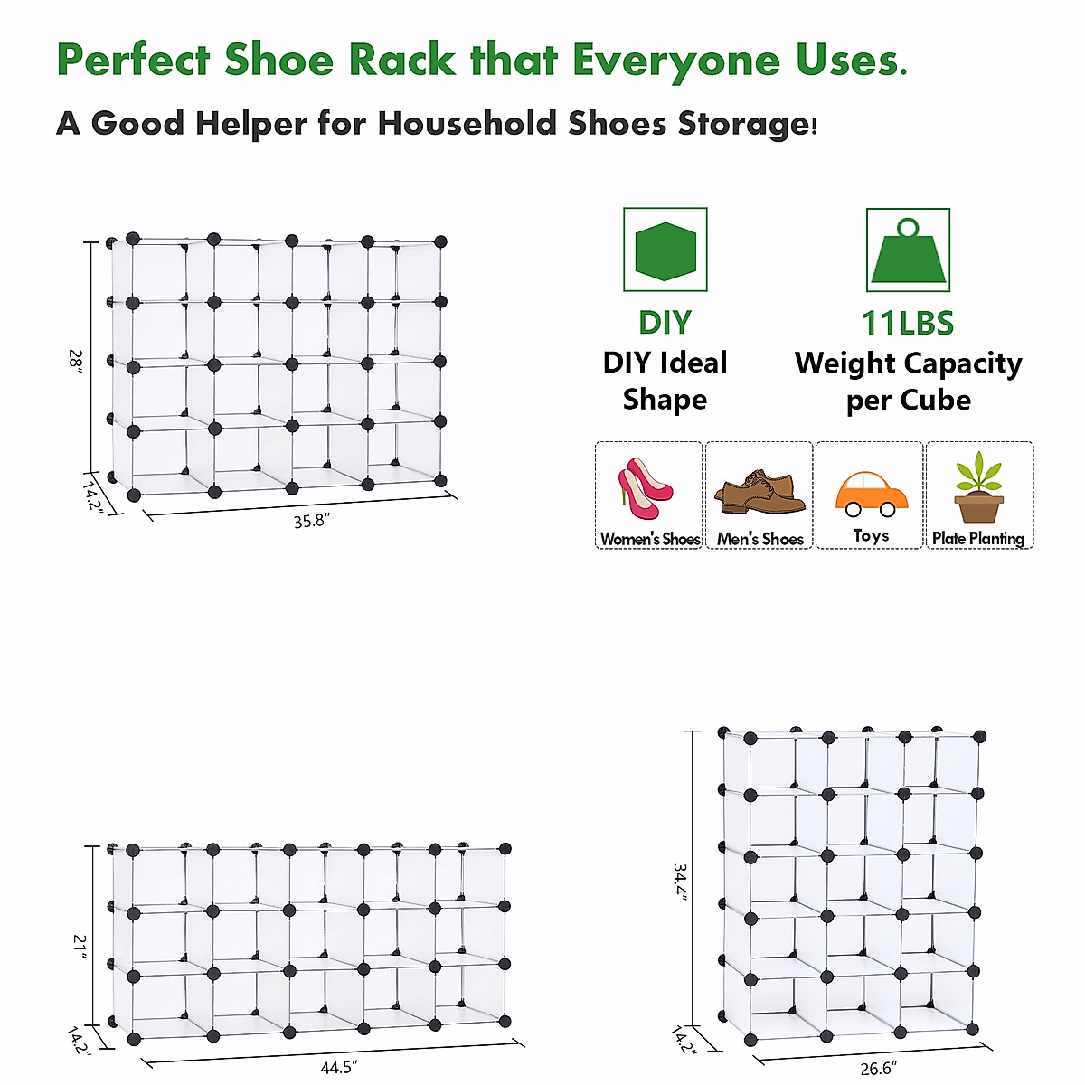 C&AHOME Plastic Shoe Rack,16-Cube Modular Shoes Storage Stand, Multifunction Closet Cabinet, Stackable Shoe Organizer for Bedroom Doorway Entryway Hallway, 36" L × 14.2" W × 28" H White SRP15A