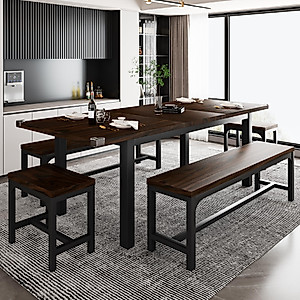 iPormis 5-Piece Dining Table Set for 4-8 People, Extendable Kitchen Table Set with 2 Benches and 2 Square Stools, Mid-Century Dining Room Table with Metal Frame & MDF Board, Saving Space, Espresso