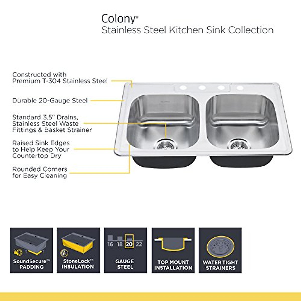 American Standard 20DB.8332283S.075 Colony Top Mount 33x22 Double Bowl Stainless Steel 3-Hole Kitchen Sink