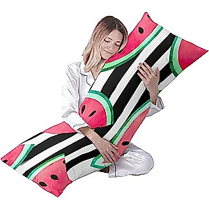 Body Pillow Cover with Zipper Closure, Super Soft and Cozy Body Pillow Case Cover Luxury Long Body Pillowcase Tropical Fruit Watermelon Pink Summer Stripe Black and White Background 20 x 54 Inches