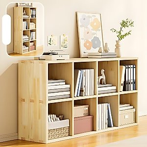 LITFAD Solid Wood Cube Bookcase with Storage Shelves and Closed Back Modern Floor Bookshelf in Natural for Home Office Study Room Library - 47.2" L x 11.8" W x 23.6" H