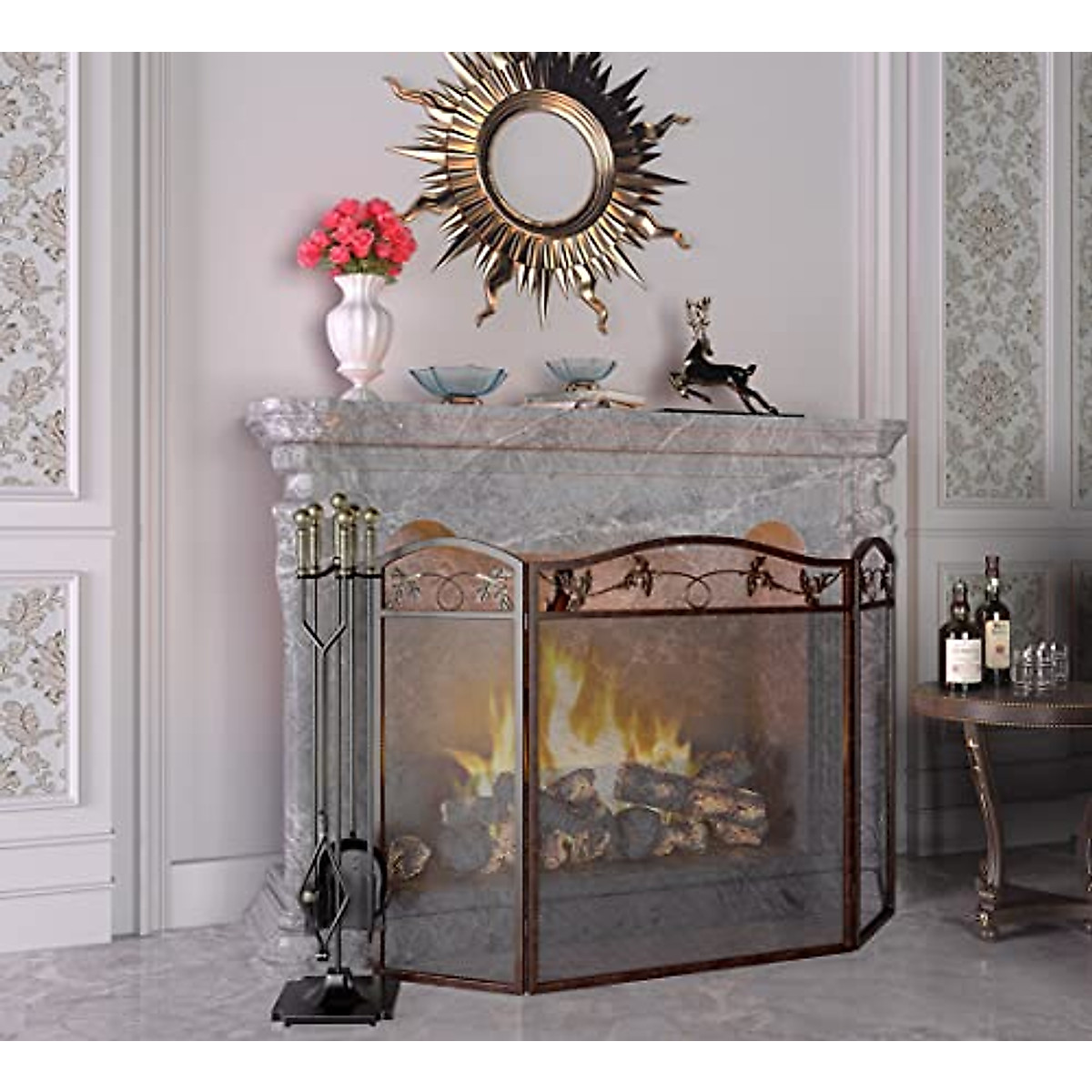 CALIDOLA 5 Pieces Fireplace Tool Set, Cast Iron Hearth Accessories Tools with Antique Brass Handles