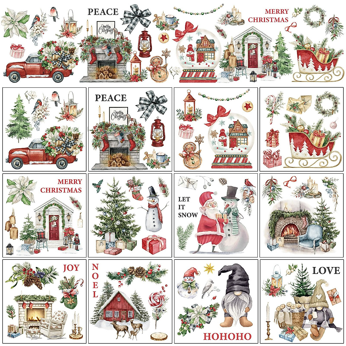 Whaline 12 Sheets Christmas Rub on Transfers Classic Watercolor Santa Snowman Gnome Transfer Stickers Winter Floral Bird Furniture Decals for Home Office Paper Wood DIY Crafts, 5.9 x 5.9 Inch
