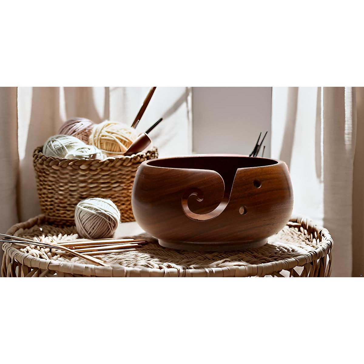 Vriksha Kraft Yarn Bowl with Crochet Hook Holder (7x4) – Wooden Large Knitting Bowl for Yarn – Free Pouch Bag – Knitting Gifts for Women and Knitters
