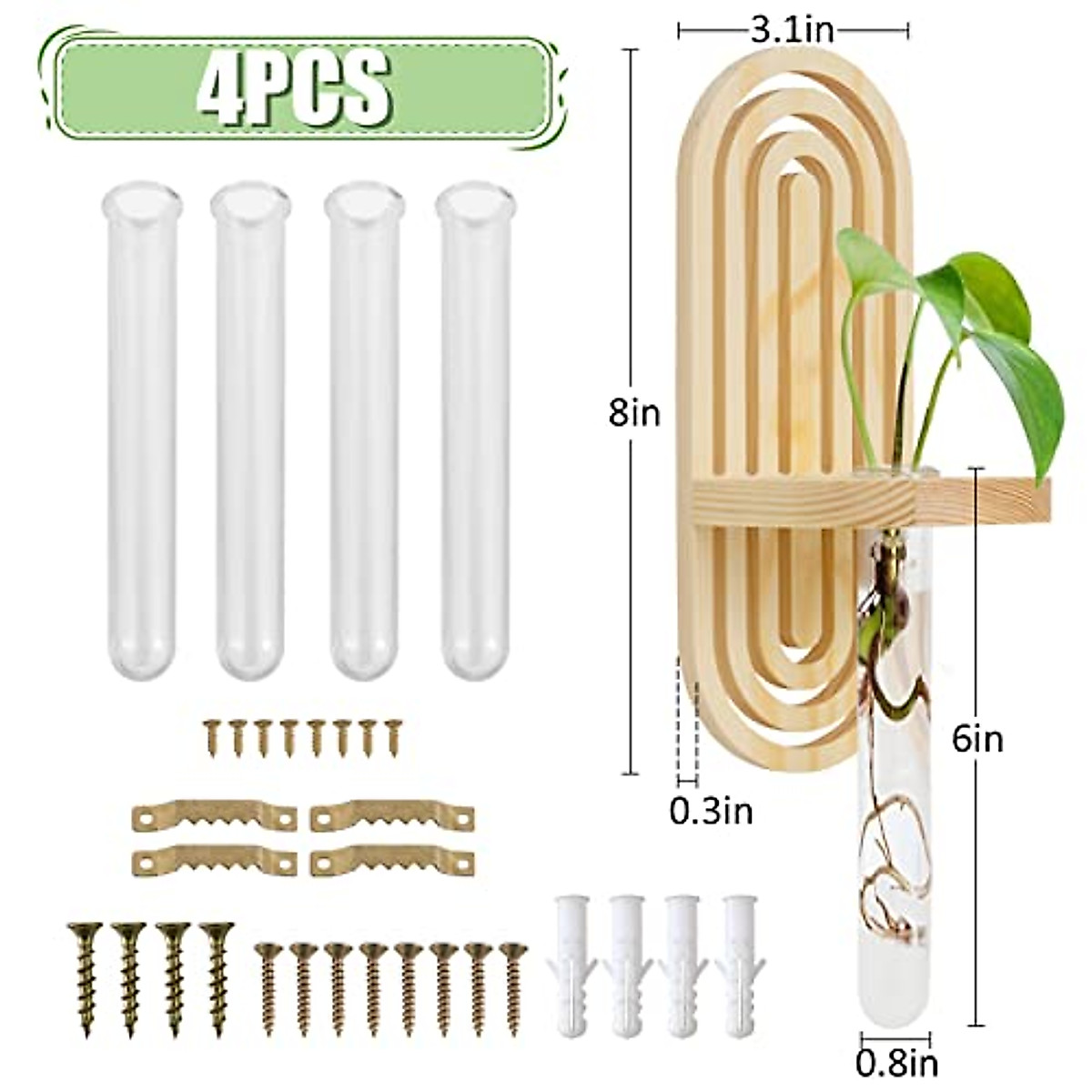 Biubee Plastic Wall Hanging Planter Tubes with Wooden Holders- 4 Set Separate Wall Mounted Propagation Plant Station Stable Hanging Test Tube Vase for Indoor Hydroponics Plants Home Office Decor
