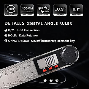 Digital Angle Finder Protractor,2 in 1 Auzof Angle Finder Ruler,7Inch / 200mm Stainless Steel Angle Measuring Tool with LCD Display for Woodworking/Carpenter(2 Batteries Included)
