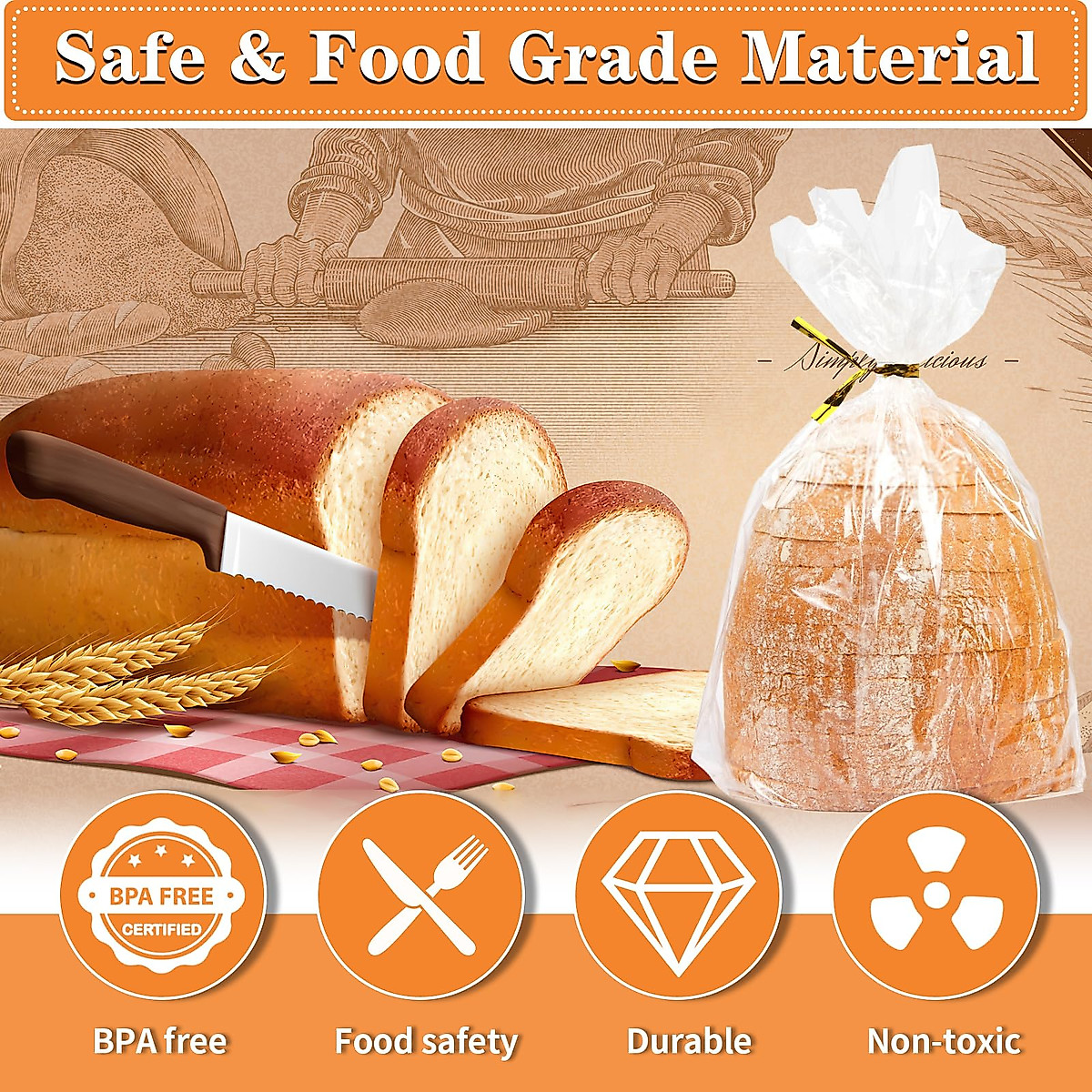 Bread Bags For Homemade Bread, 55 Pack Clear Bread Bags And 100 Ties, Reusable Bread Loaf Bags, Plastic Bread Bags For Home Bakers And Bakery Owners