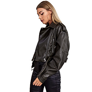 LY VAREY LIN Women Faux Leather Cropped Jacket Lapel Zipper Biker Short Coat with Belt