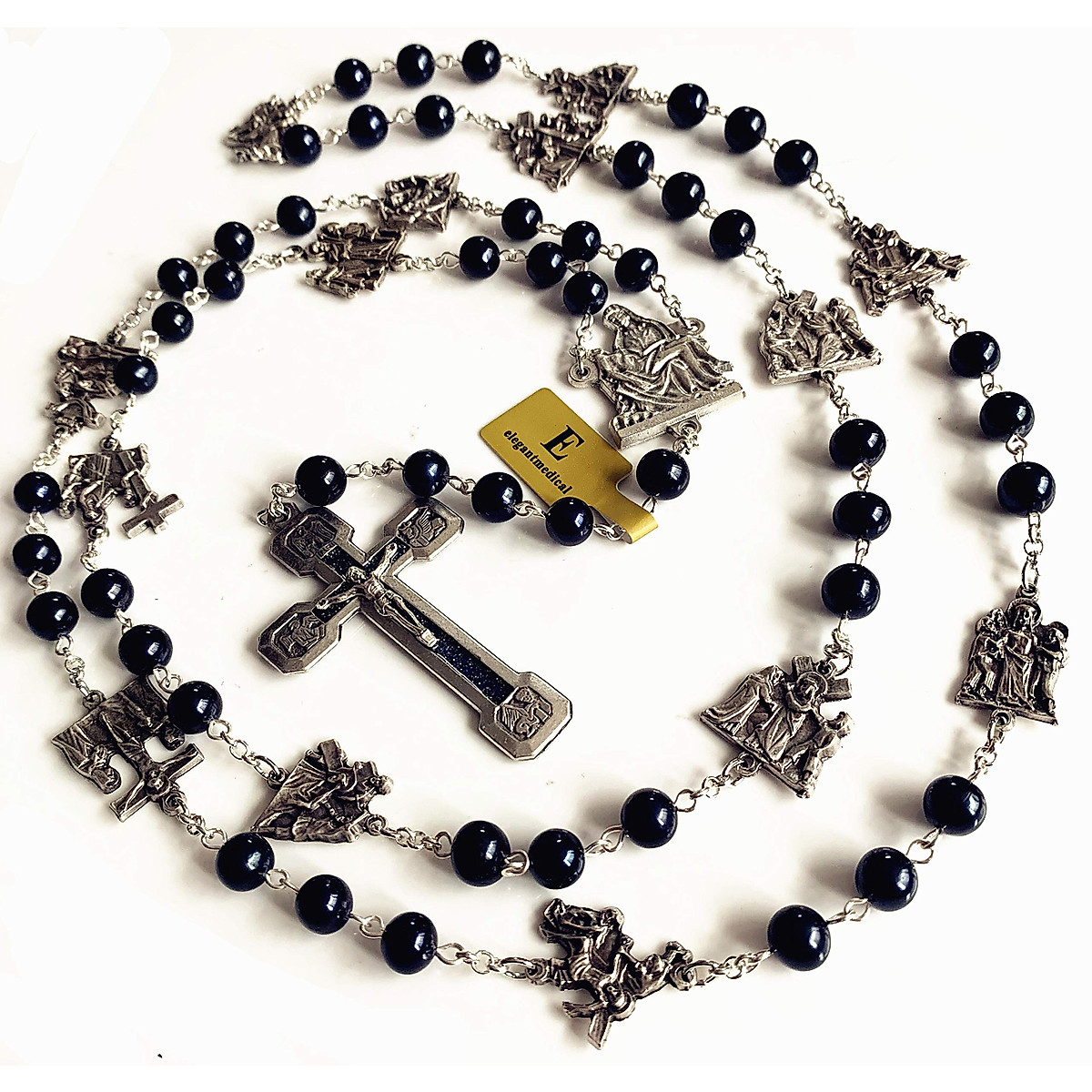 elegantmedical Stations of the Cross Prayer Rosary Real Black Pearl Beads Necklace Catholic Gifts Box