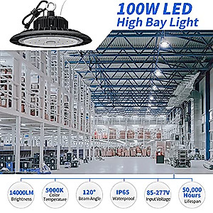 UFO LED High Bay Light 100W 14000 LM with US Plug 5ft Cable, 5000K Daylight, IP65 Waterproof, Non-Dim, Commercial Warehouse Workshop Factory Barn Garage Lowbay Area Lighting Fixture