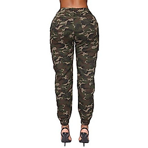 Double Denim Women's High Waist Jogger Pants - Casual Cargo Elastic Waistband Sweatpants Tapered Fatigue with 6 Pockets SCP-2049 Camo XL