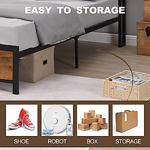 Ucloveria Queen Size Bed Frame with LED Lights and 2 USB Ports, Industrial Bed Frame Queen Size with 2-Tier Storage Wooden Headboard, Noise Free, No Box Spring Needed, Rustic Brown