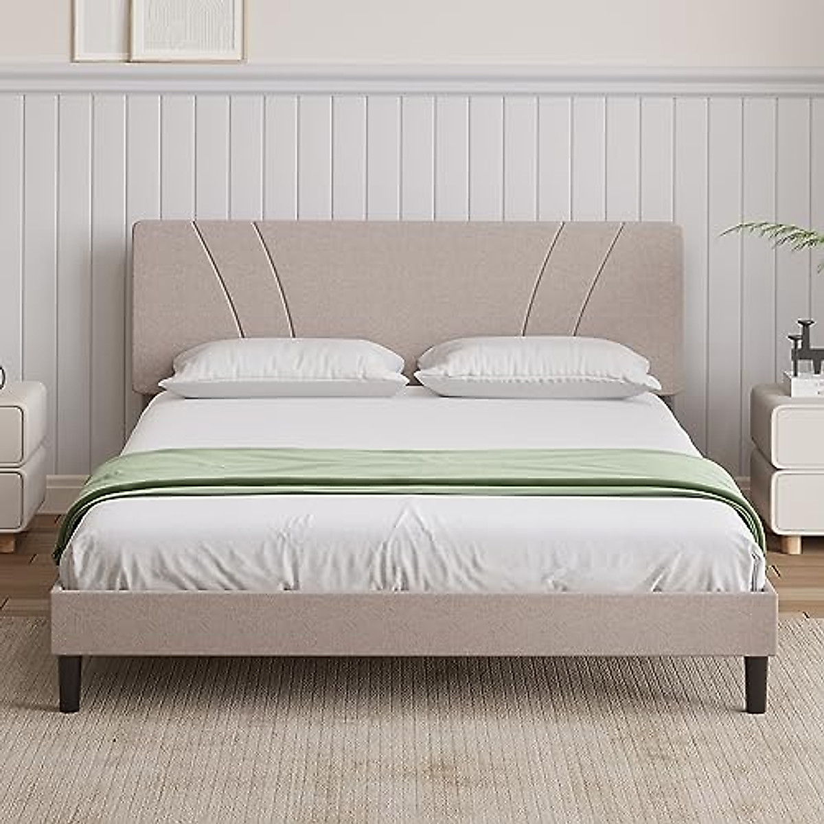 Novilla Full Size Platform Bed Frame with Upholstered Headboard and Strong Wooden Slats Support, Mattress Foundation, Noise Free, No Box Spring Needed, Easy Assembly, Beige