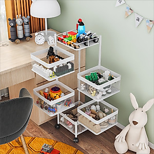 xinyourui Fruit Basket for Kitchen No Assembly,Rotating Kitchen Storage Rack,Bathroom Shelf, Organizers and Storage Cart on Rolling Wheels，Potato and Onion Storage Organizer(White, 5 Tier-Square)