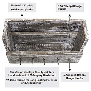 WRIGHTMART Wall Mounted Rustic Wooden Organizer Key & Mail Holder, Includes Command Hooks for Hanging Keys, Space for Phone, Wallet, Purse, Jewelry - Home Décor, Handmade, Whitewash Finish