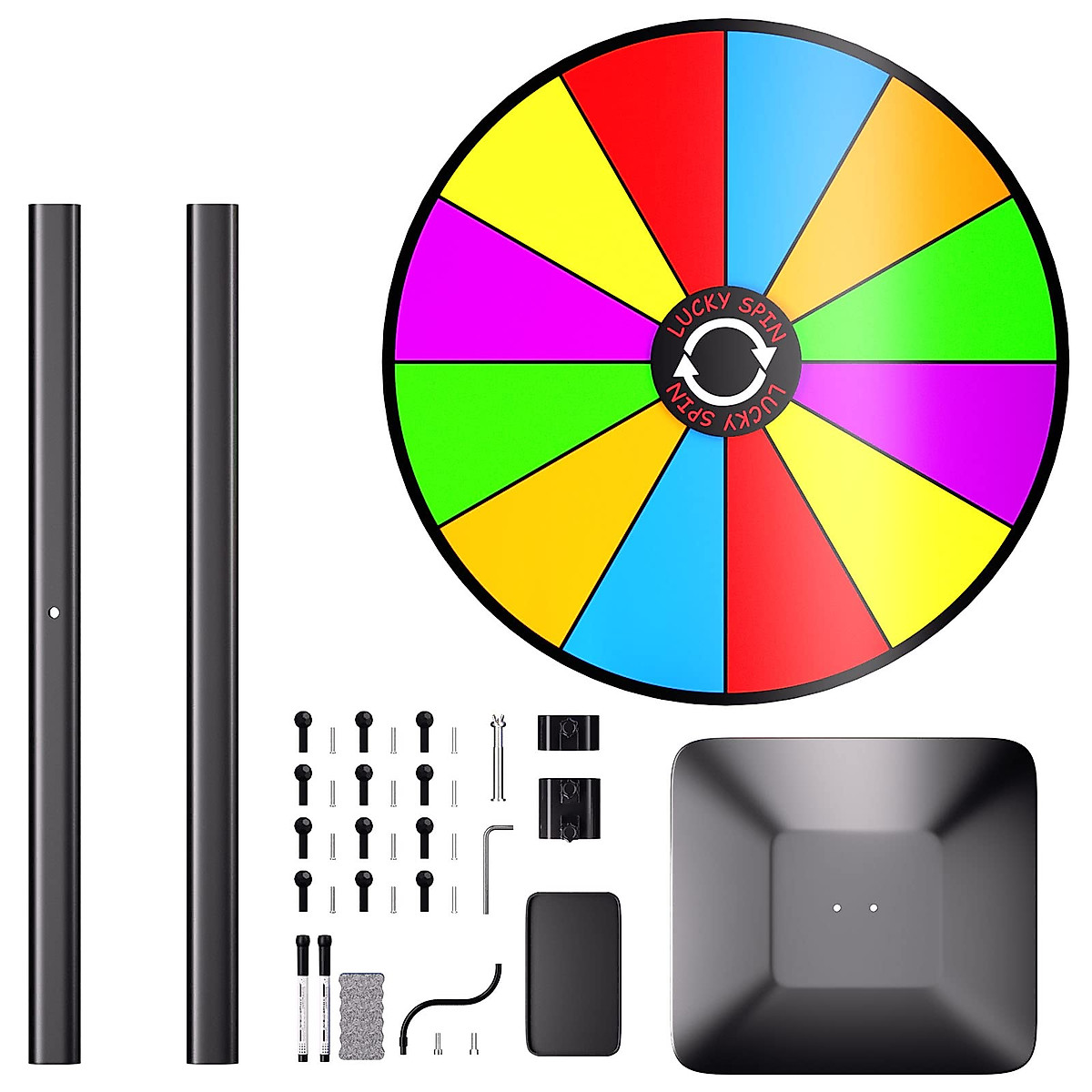 24" Prize Wheel - Dual Use Tabletop or Height Adjustable Floor Stand Heavy Duty Spinner Wheel of Fortune with 12 Slots & Dry Erase & Eraser for Carnival, Trade Show, Fortune Spinning Game