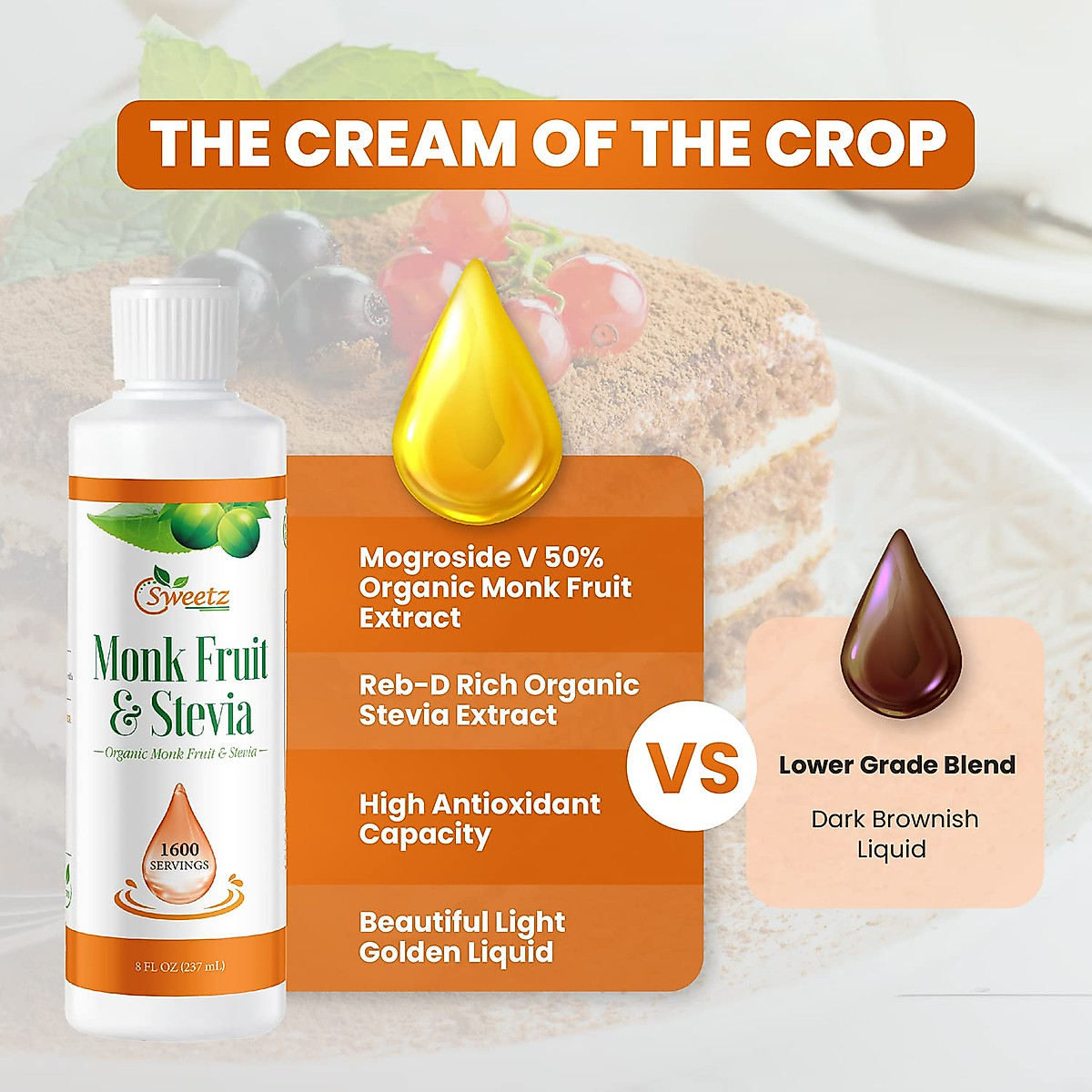 G-Sweetz Monk Fruit & Stevia Liquid Sweetener Drops - Natural Sweeteners & Sugar Alternatives - Delicious Blend with No Bitter Aftertaste - Concentrated Sweetener Liquid Drops Extract – 8 FL OZ (1600 Servings)