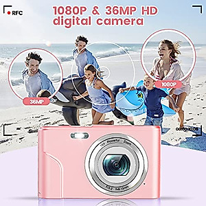 Digital Camera, HUMIDIER FHD 1080P 36MP 16X Digital Zoom Mini Vlogging Video Camera with Battery Charger, Compact Portable Cameras Point and Shoot Camera for Kids,Teens,Beginners (Pink)