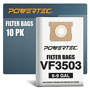 POWERTEC Shop Vacuum Bags 10PK for Ridgid VF3503 & Workshop WS32090F2 Vacuum Bags, Replacement Filter Bags for Ridgid RT0600 & Workshop 6-9 Gallon Wet/Dry Vac, Shop Vacuum Accessories for Ridgid