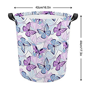 Purple Blue Butterflies Laundry Baskets Collapsible Waterproof Laundry Hamper with Handles Round Toy Bin for Dirty Clothes,Kids Toys,Bedroom,Bathroom