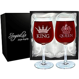 ImpiriLux King and Queen Wine Glass Set | Beautiful Gift for Newlyweds, Engagements, Anniversaries, Weddings, Parents, Couples, Christmas - Novelty Drinking Glassware