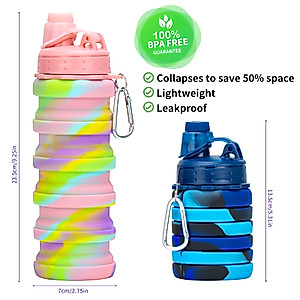 Collapsible Water Bottles, 2 Pack 16oz Silicone Travel Water Bottle Leakproof BPA Free Foldable Sport Water Bottles with Leak proof Twist Cap for Camping,Hiking Outdoor Indoor Sport