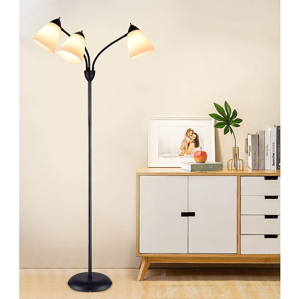 DINGLILIGHTING DLLT Modern Reading Floor Lamp, 3-Light with Adjustable Flexible Gooseneck Tree Standing Lamp for Living Room, Bedroom, Study Room, Office -Black Metal White Shades, E26 Base, UL
