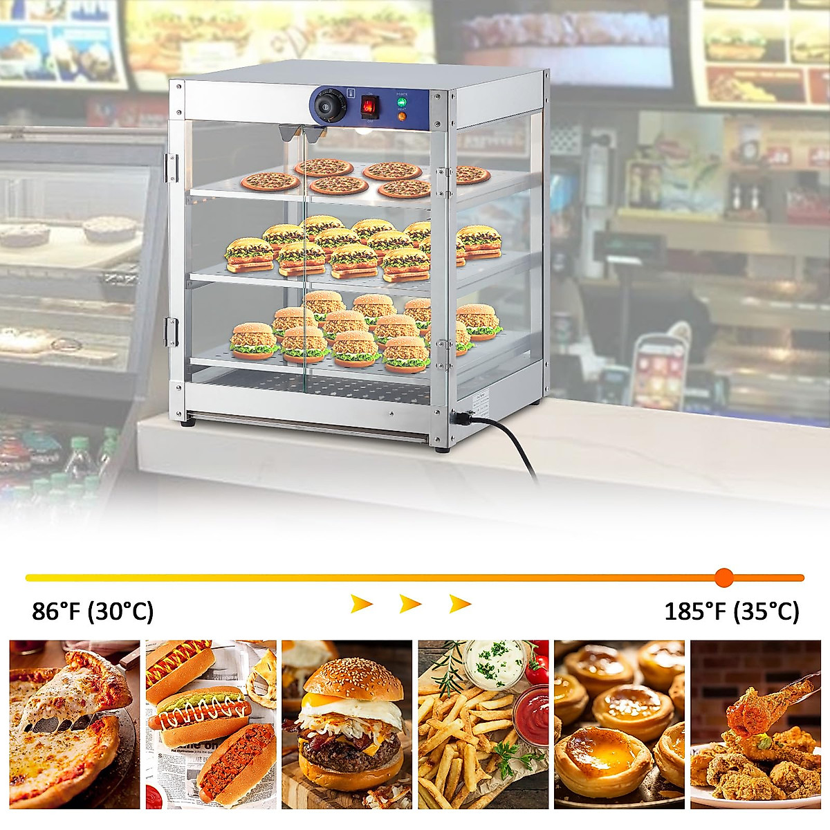 Commercial Food Warming Display Cabinet, 20" 3 Tier, 800 Watt Hot Dog Warmer with 3D Heating, Bottom Fan, Countertop Pastry Warmer, Temperature Knob/Indicator, Stainless Steel Framed Glass Door