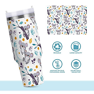 Emelivor Cute Koalas Leaves 40 oz Tumbler with Lid and Straw Insulated Tumblers with Handle Leak Proof Travel Coffee Mug Water Cup Bottles for Hot or Ice Coffee Tea