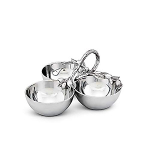 Arthur Court Sand-Cast Aluminum 3 Compartment Olive Pattern Condiment Serving Bowl 9 inch Diameter 4 inch Tall